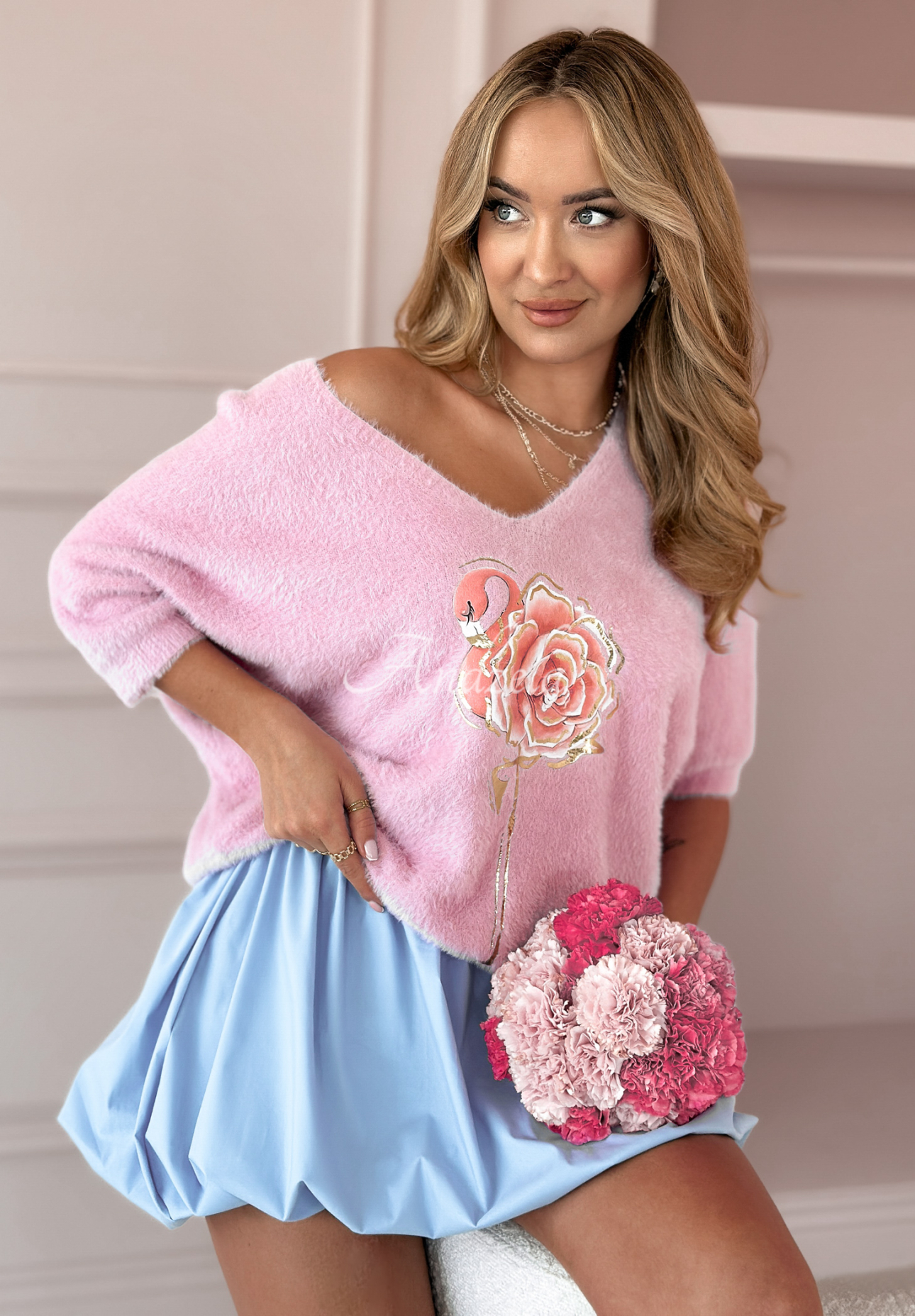 Flower Flamingo pink printed alpaca sweater - Andżela Online Store