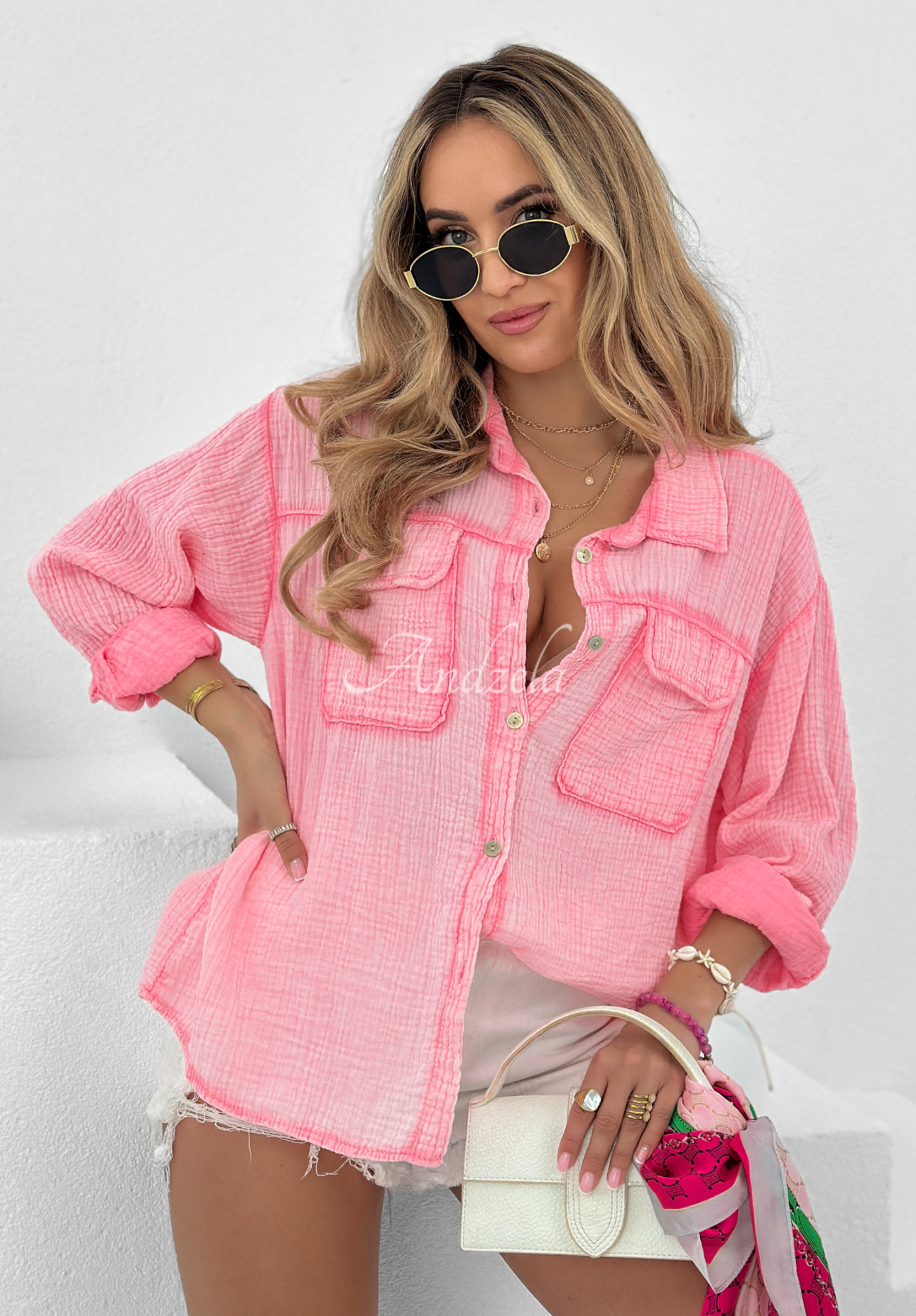 Bubbly Waves muslin shirt pink - Andżela Online Store