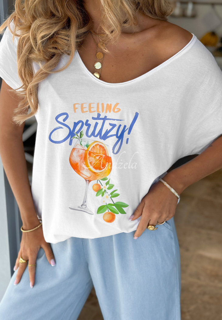 T-shirt oversize z nadrukiem Feeling Spritzy biały - Andżela Sklep Online