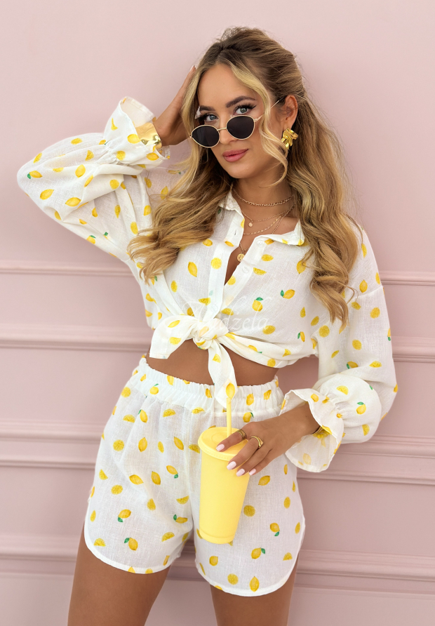 Linen set of shirt and short shorts in Cold Lemonade ecru - Andżela ...