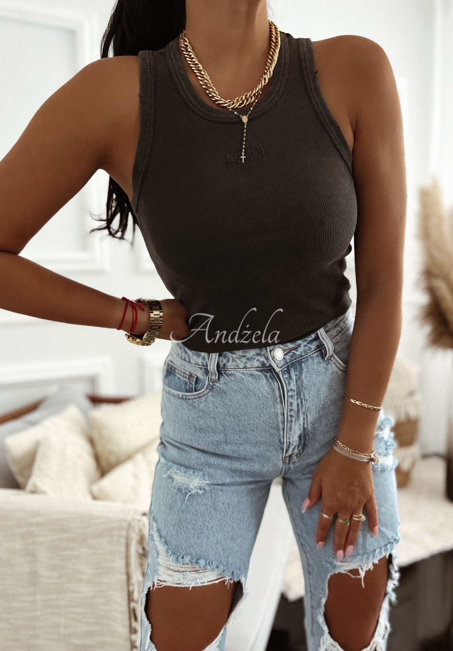 Ribbed top with Icon dark grey lettering - Andżela Online Store