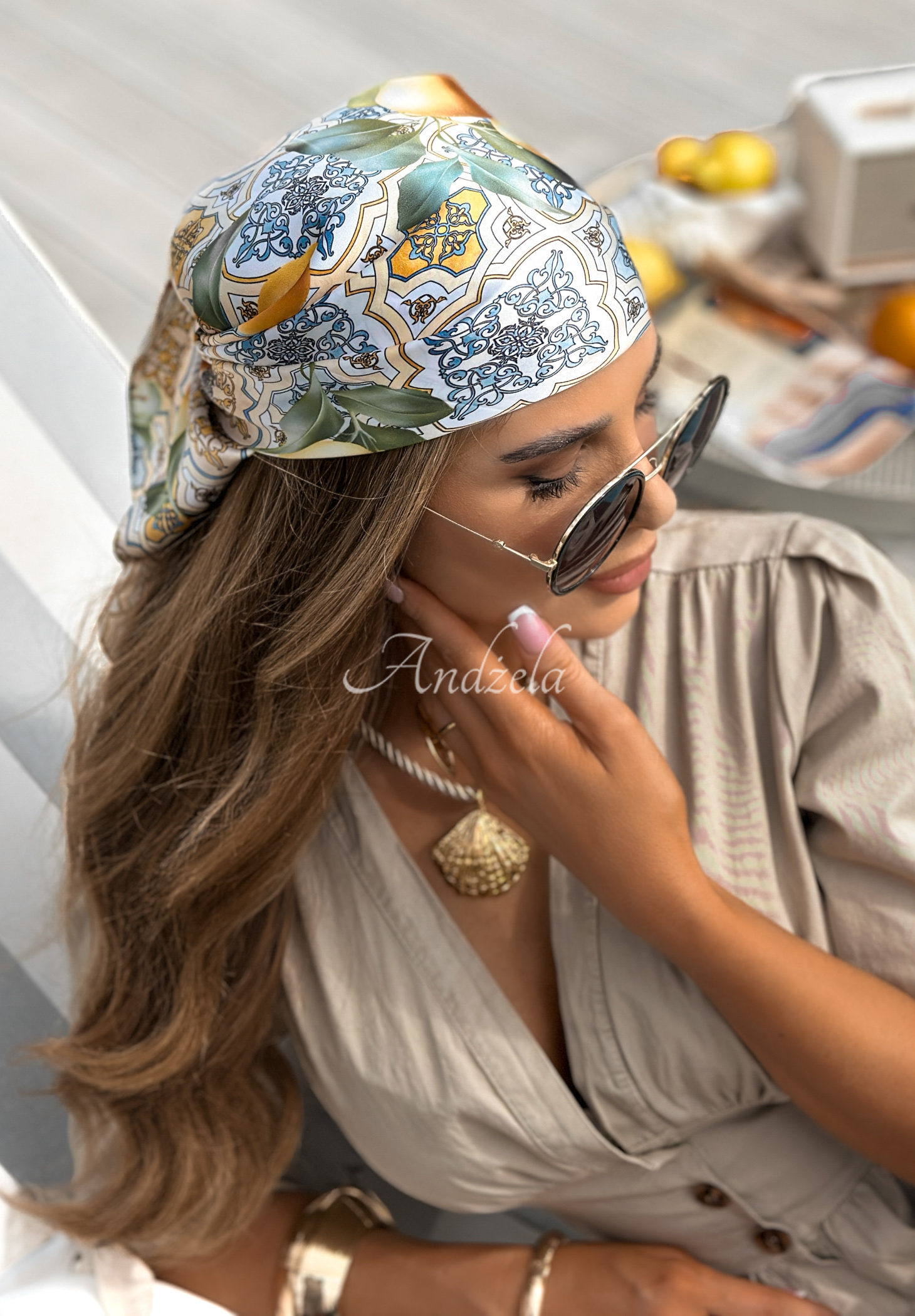 Citrus Mozaic white and blue lemon scarf - Andżela Online Store
