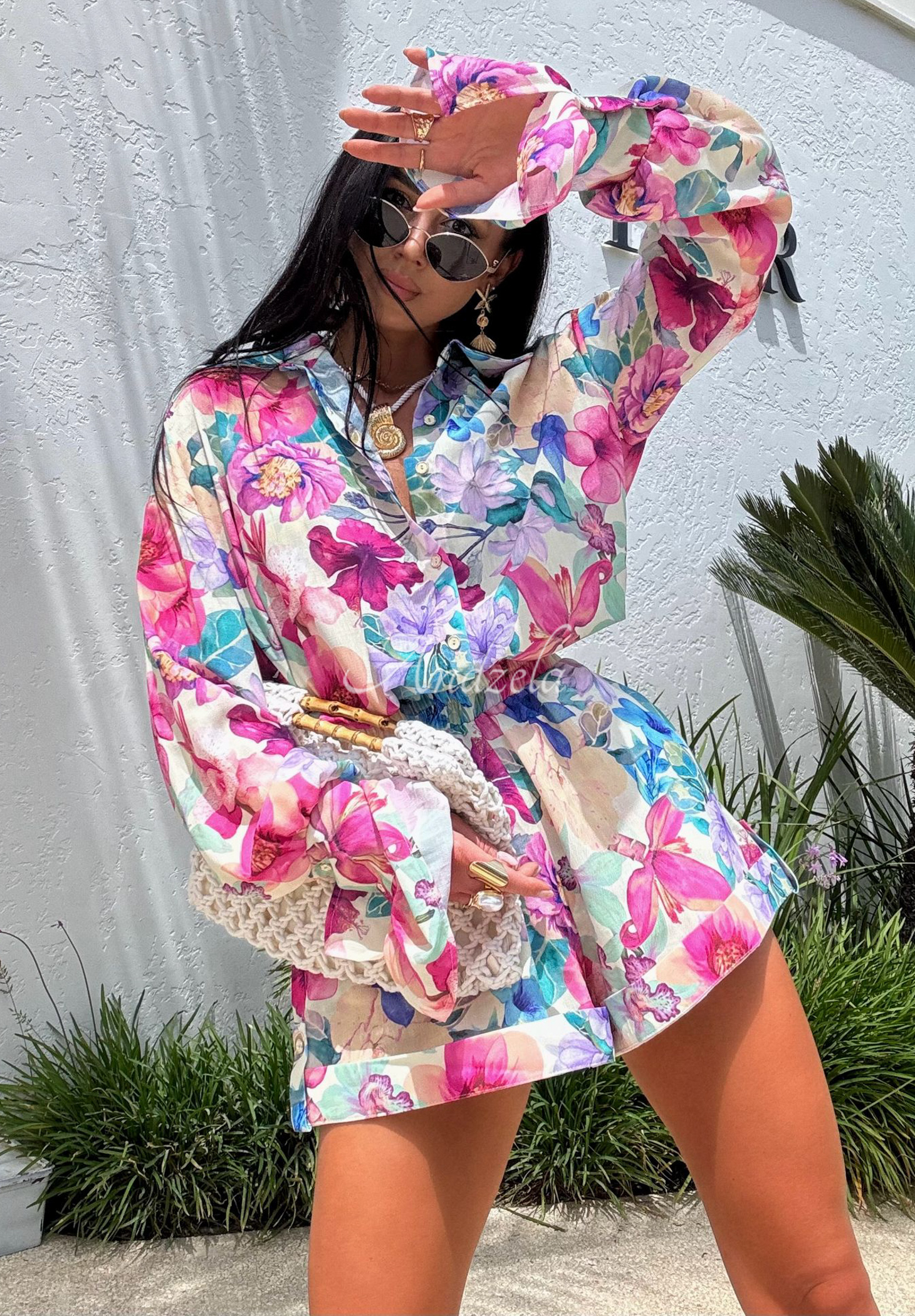 La Milla Garden Of Flowers floral linen shirt and short shorts set pink ...