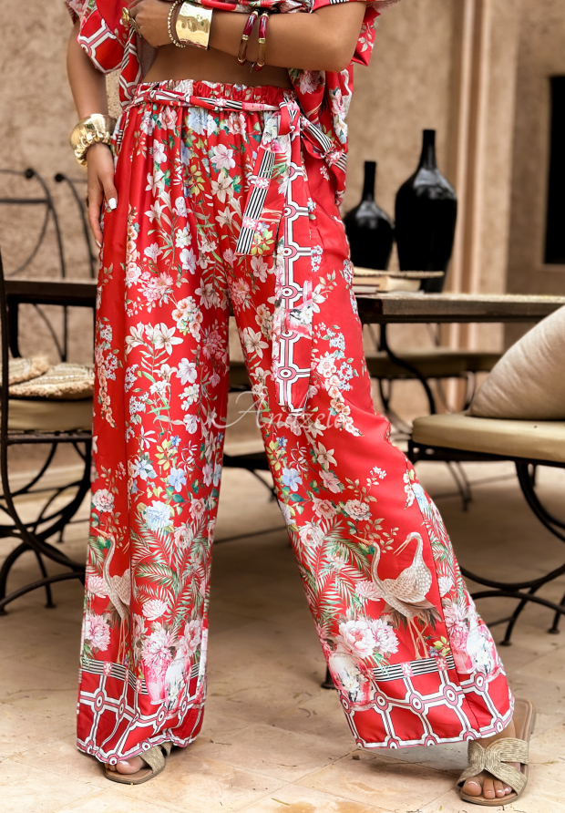 Satin patterned wide leg pants Exotic Mosaic red - Andżela Online Store