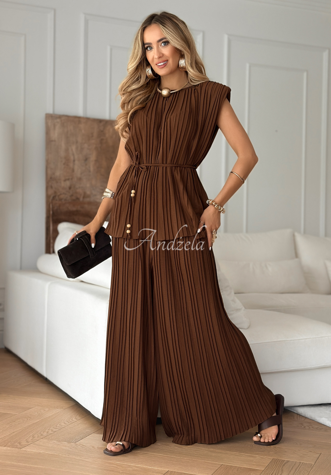 Pleated set blouse and wide leg pants Afternoon Sun chocolate - Andżela ...