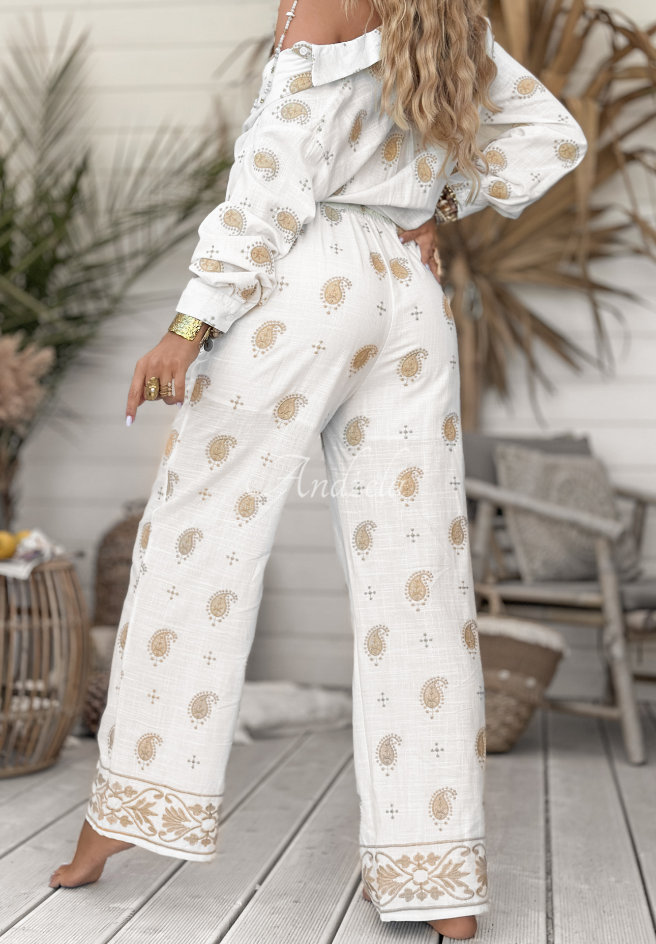 Haftowane spodnie z lnem boho Serene Beaches ecru - Andżela Sklep Online