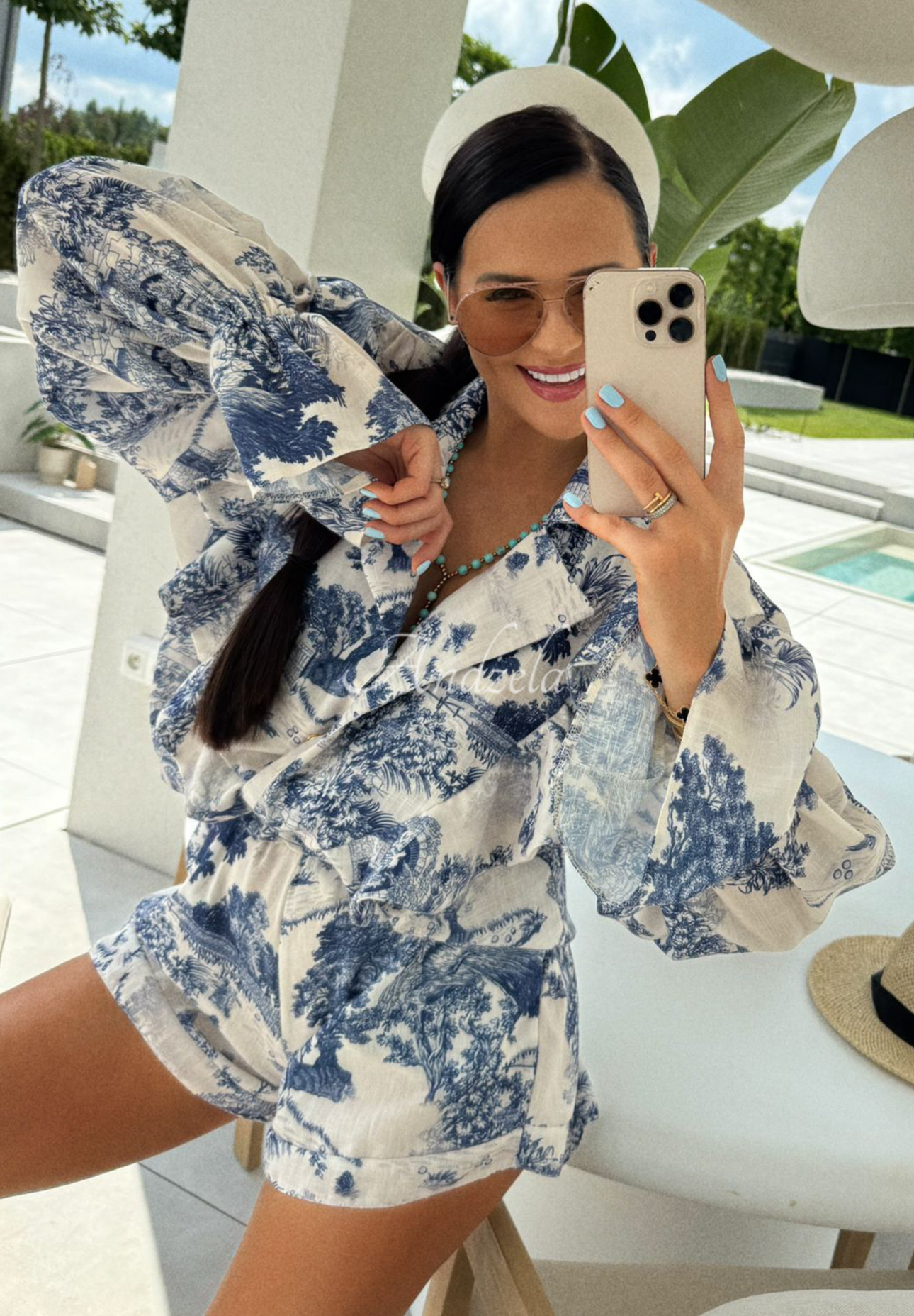 La Milla Dreamy Places patterned linen shirt and short shorts set navy ...