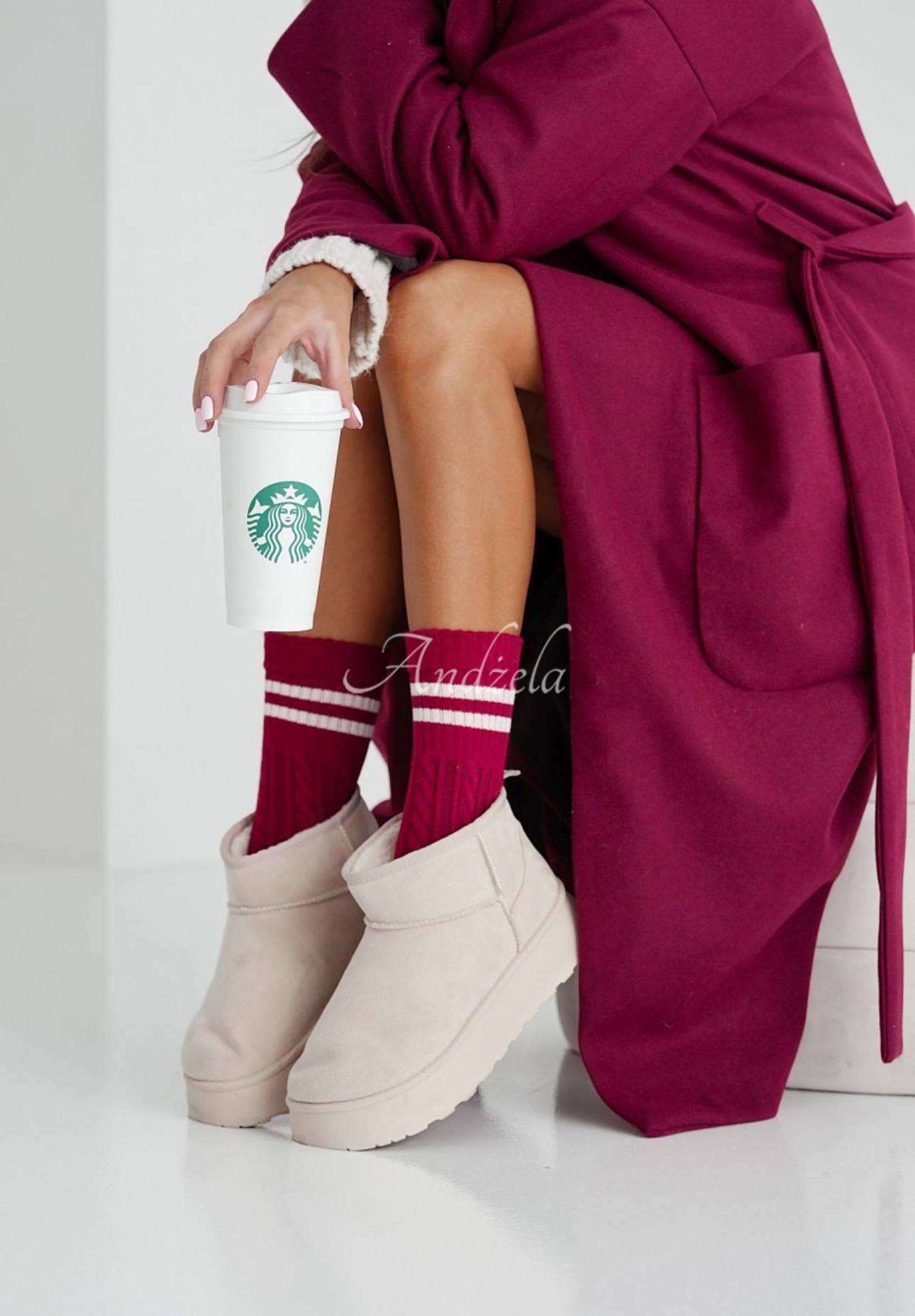 Embellished braided long socks Long Stripes burgundy - Andżela Online Store