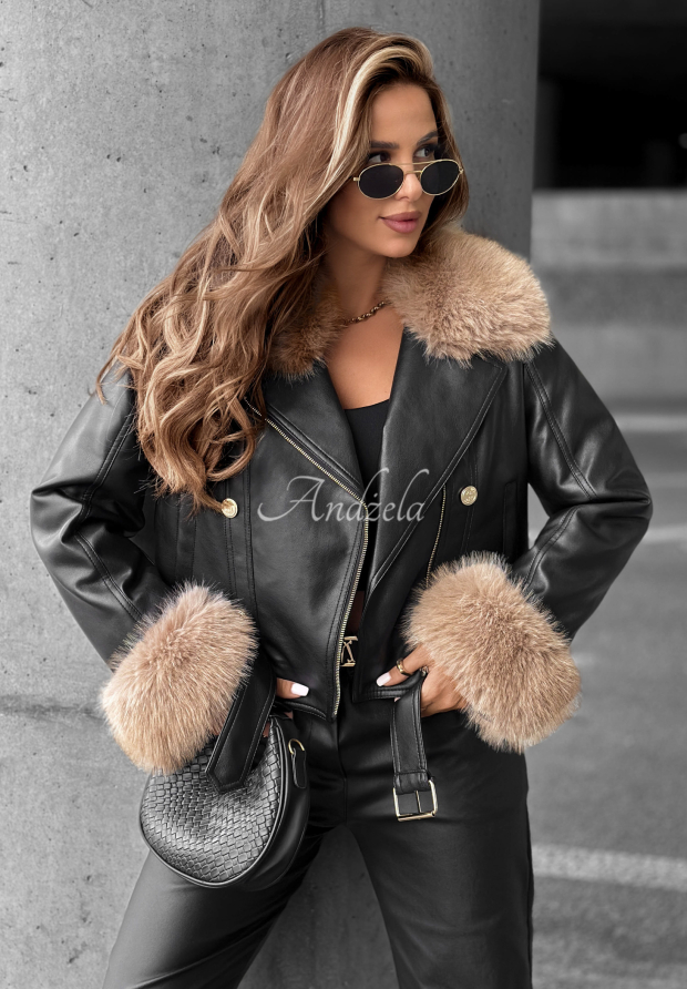 Short leather ramones with fur The Woodlands black - Andżela Online Store