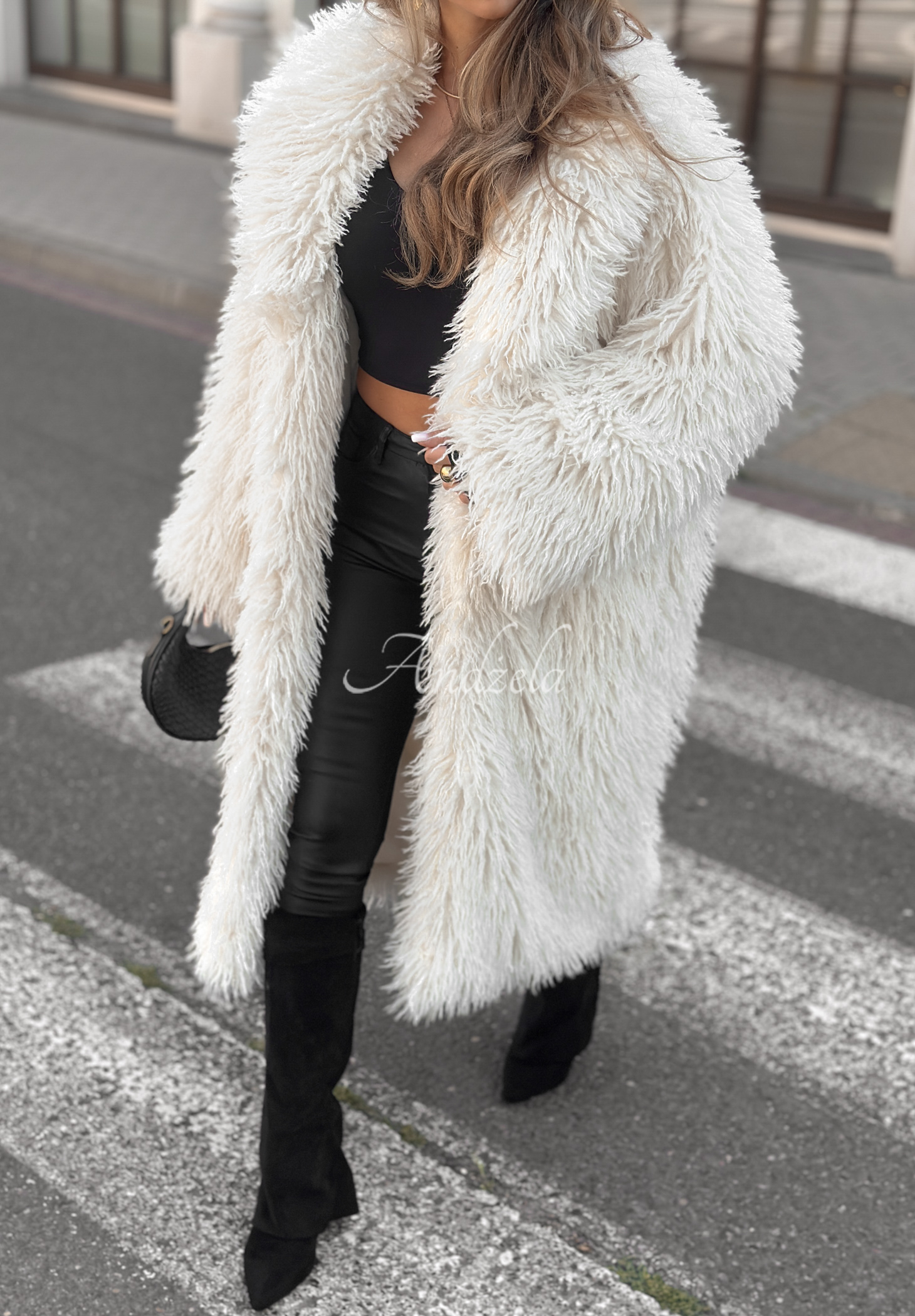 Long fur coat Hello Drama Queen ecru - Andżela Online Store