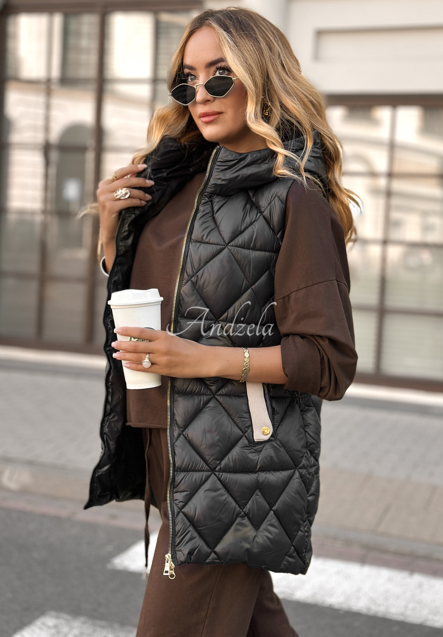 Long quilted vest with hood Only You Know black - Andżela Online Store
