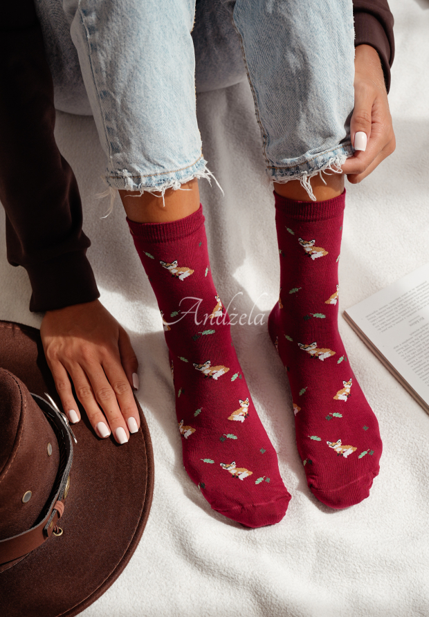 Red Fox burgundy long patterned socks - Andżela Online Store