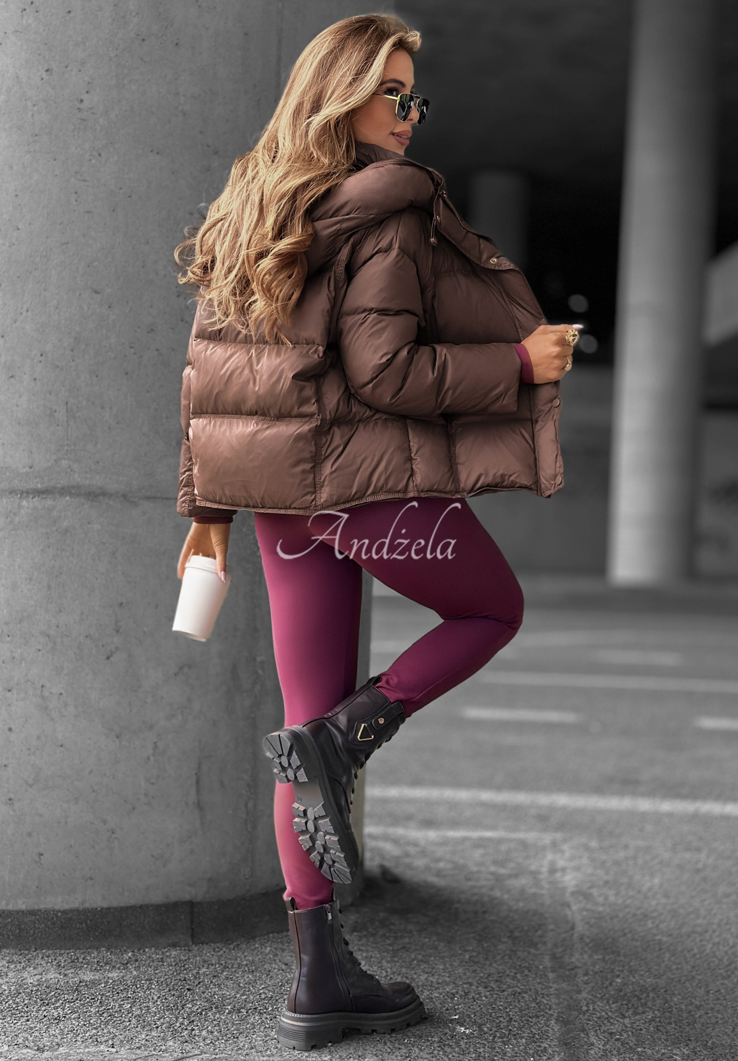 Down jacket with hood Didn't Ask chocolate - Andżela Online Store