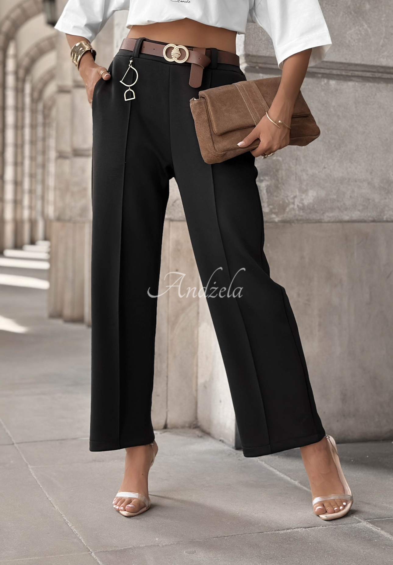Material butter pants with belt Full Battery black - Andżela Online Store