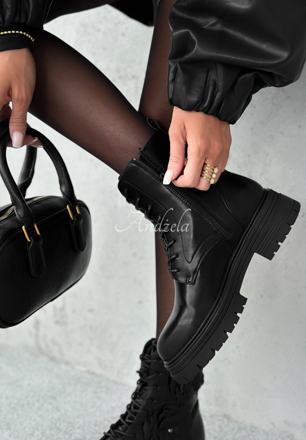 Leather bagger boots with flowers Whispering Pines black - Andżela ...