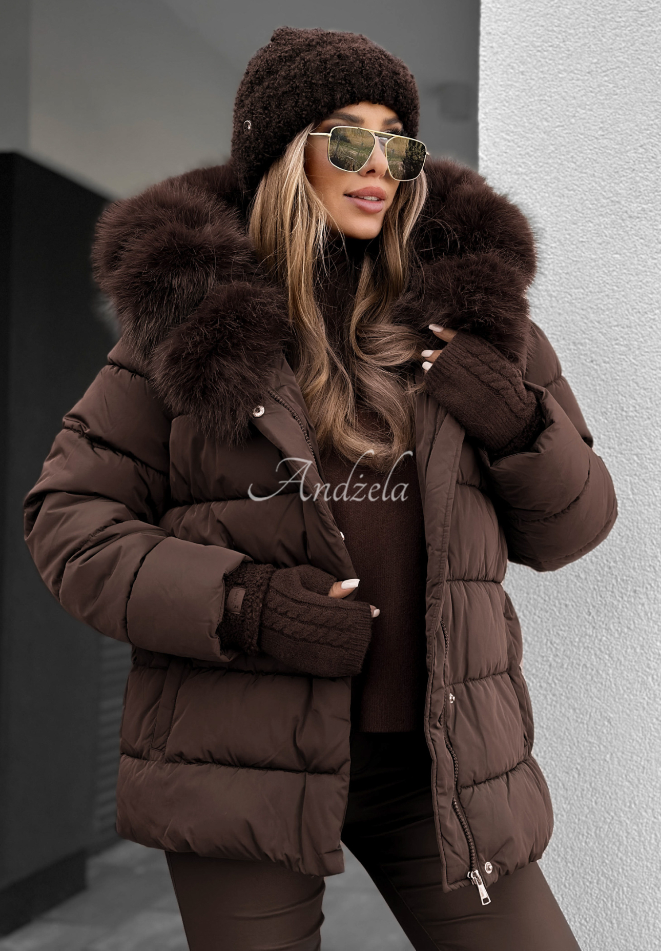 Quilted jacket with fur and belt Coldest Moments chocolate - Andżela ...