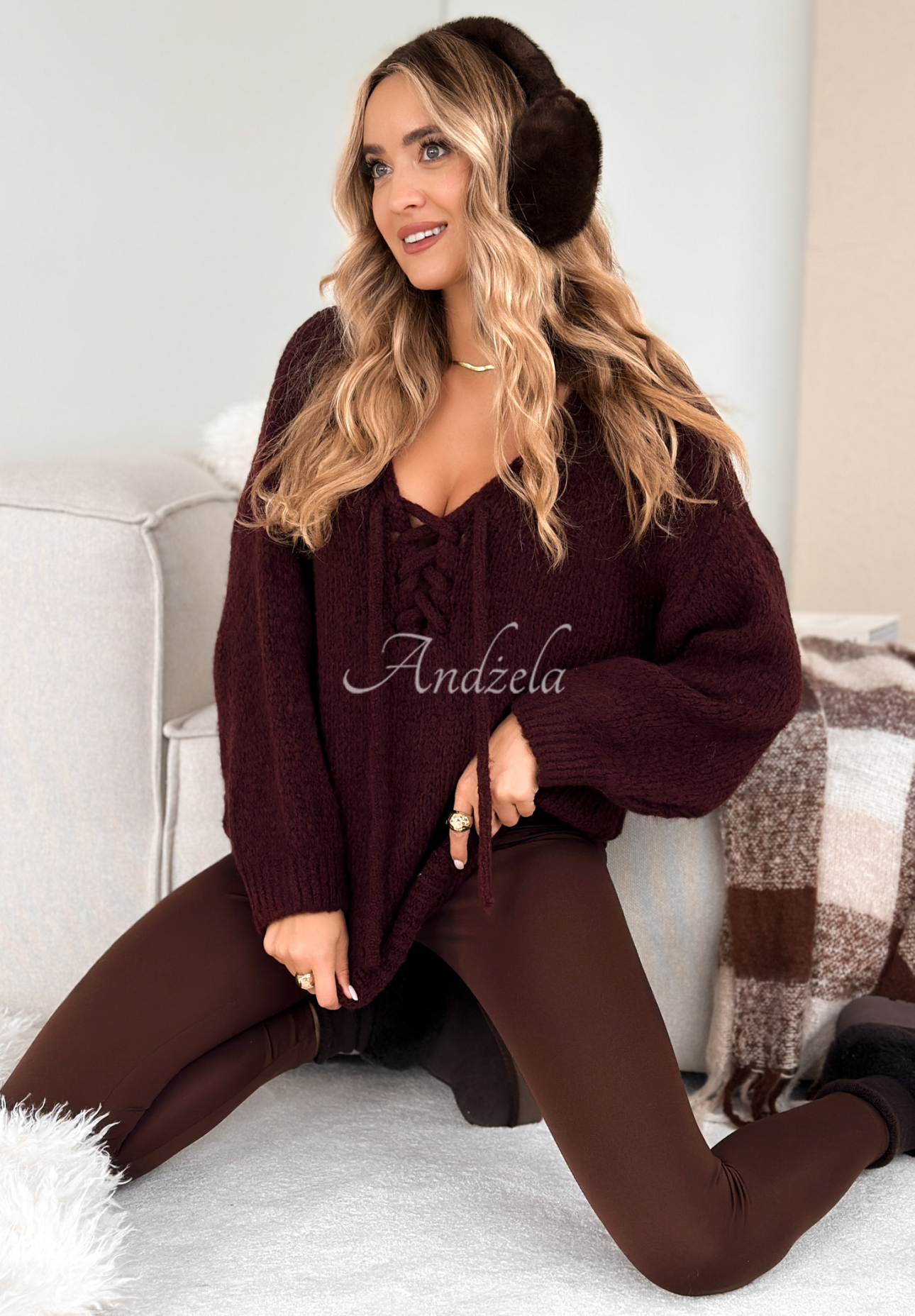 Hug Me Tight wool oversize sweater with lacing burgundy - Andżela ...