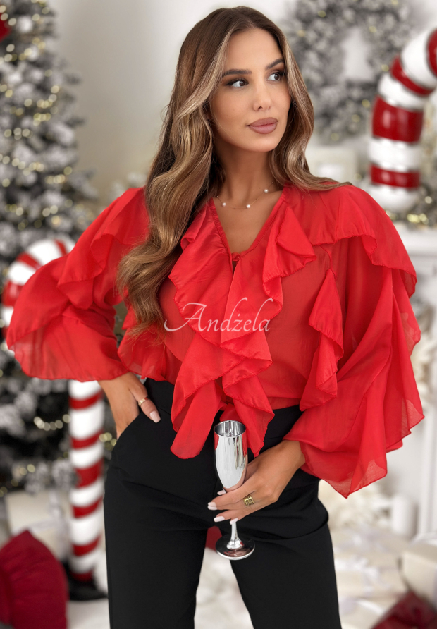 Lyocell blouse with ruffles Feels Like Christmas red - Andżela Online Store
