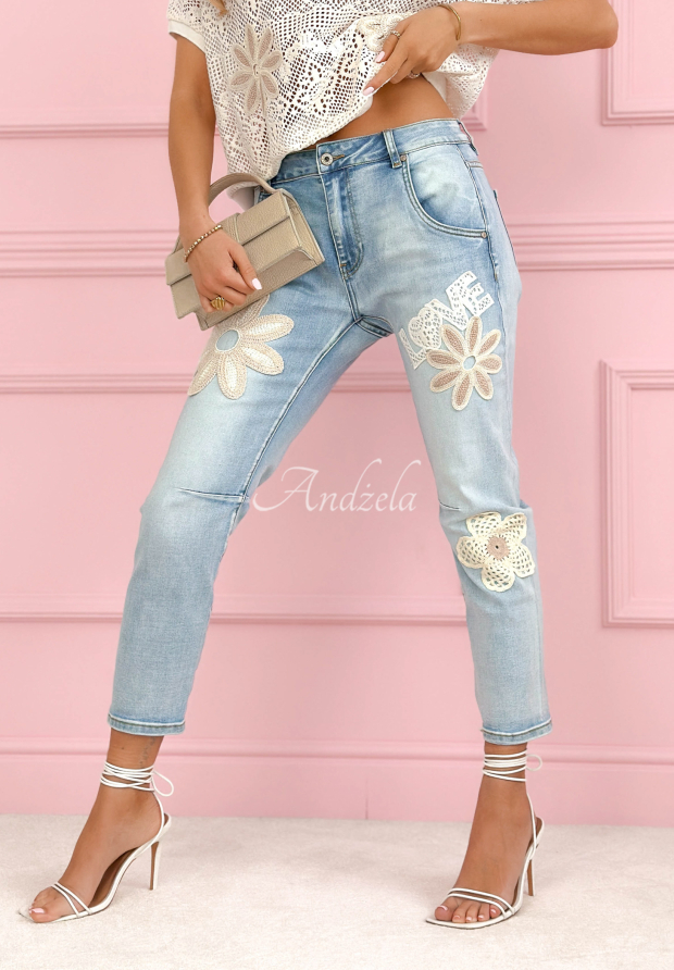 Skinny jeans with Love Flowers patches, light blue - Andżela Online Store