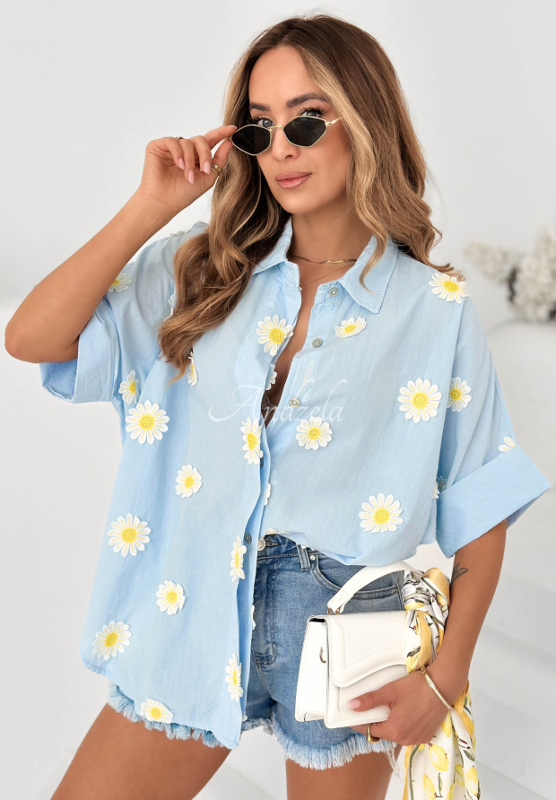 Light blue Cute Daisy cotton shirt with floral patches - Andżela Online ...