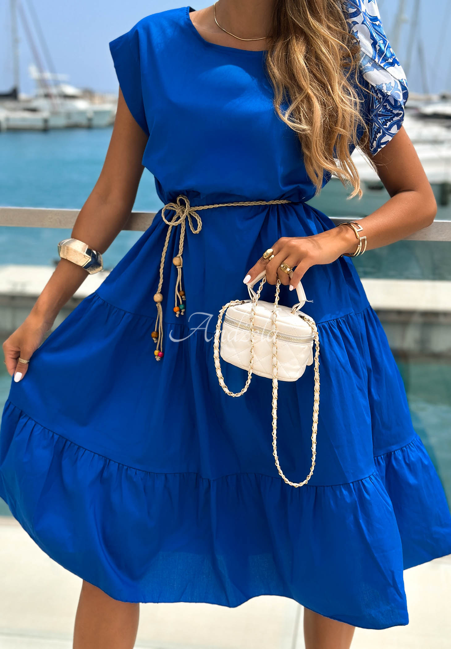 Marina Royale Cobalt Blue Cotton Dress with Ruffles and a Belt